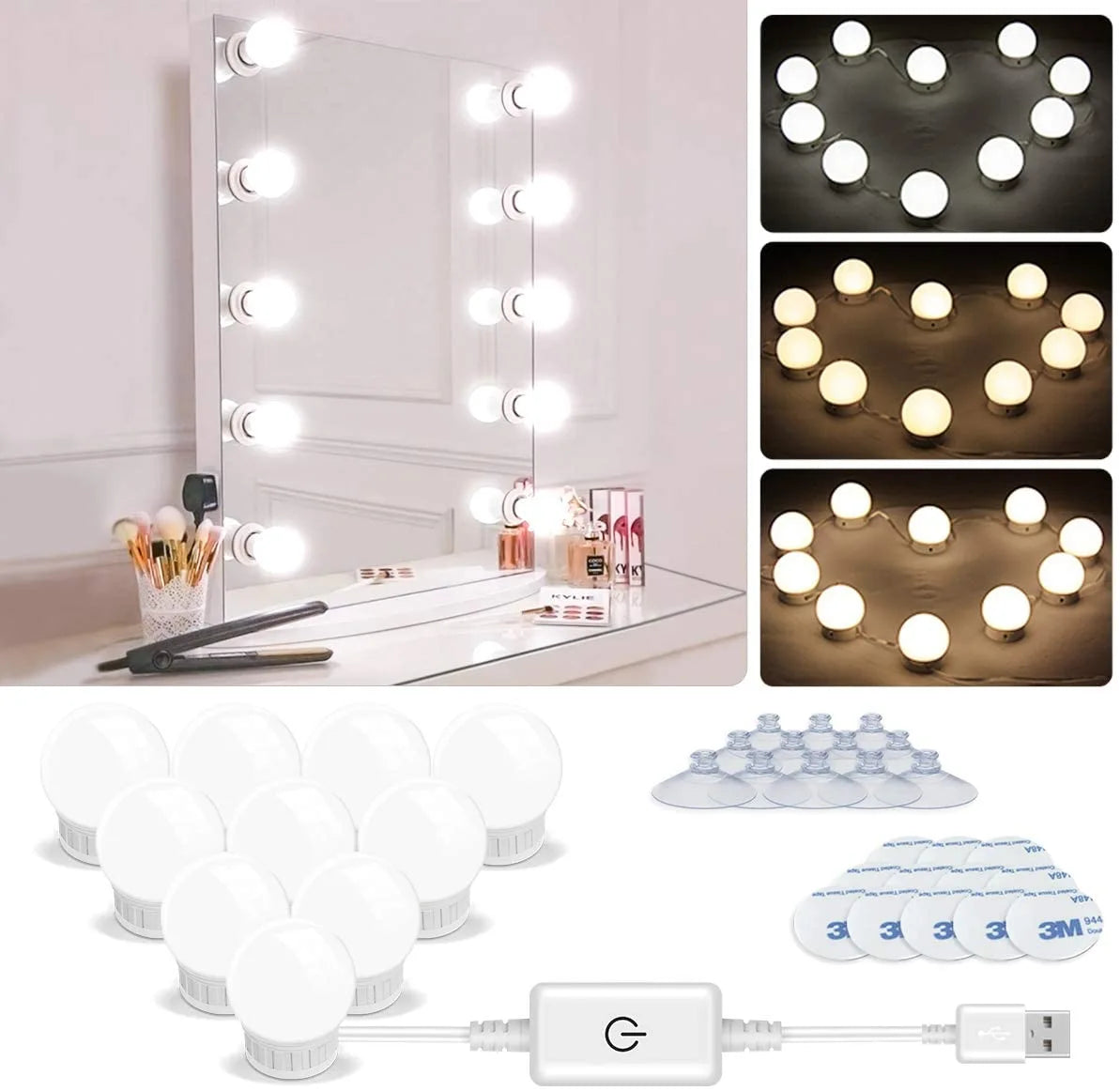 Vanity Light 10 LED Bulbs for Makeup Mirror with 3 Different Modes ...